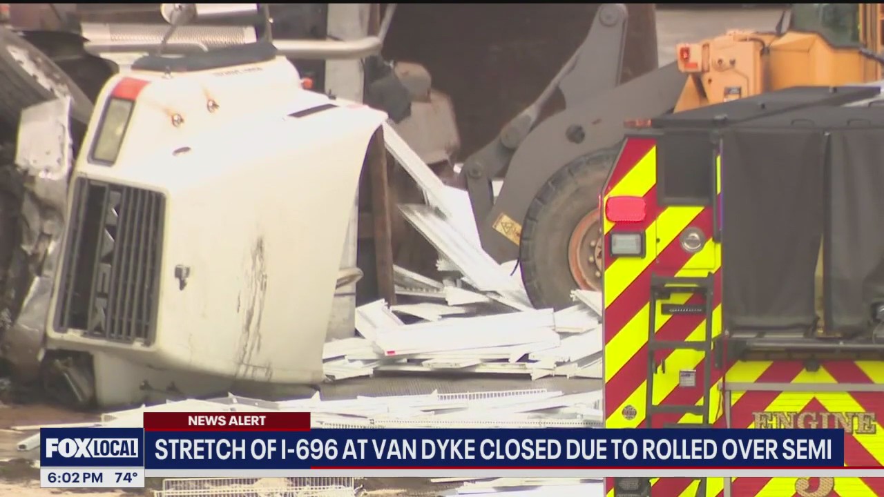 Rolled semi-truck crash closes westbound I-696 at Hoover | FOX 2 Detroit